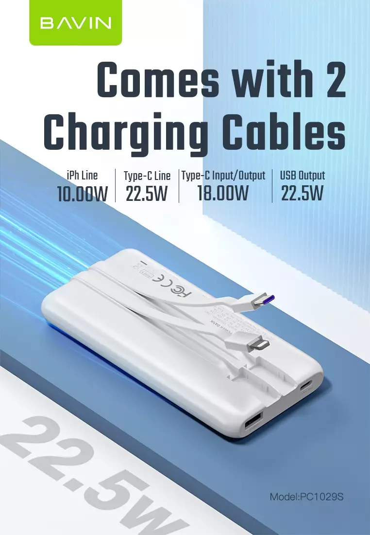 Buy BAVIN PC1029 Fast Charging 10000mAh Power Bank 22.5W Built In Cable 2025 Online | ZALORA ...