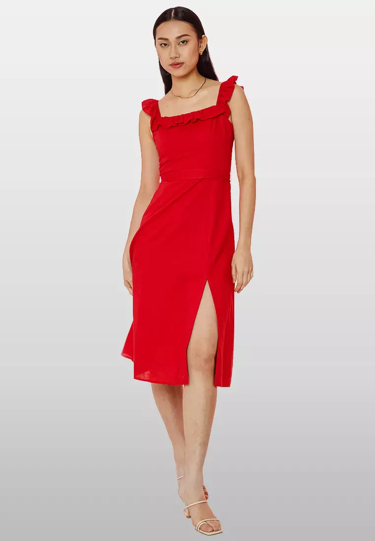 Buy Dressing Paula Ruffle Strap Slit Dress Online | ZALORA Malaysia