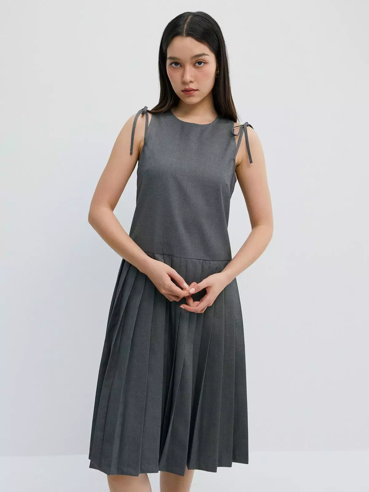Jual POMELO FASHION Ribbon Pleated Dress - Light Grey Original 2025 ...