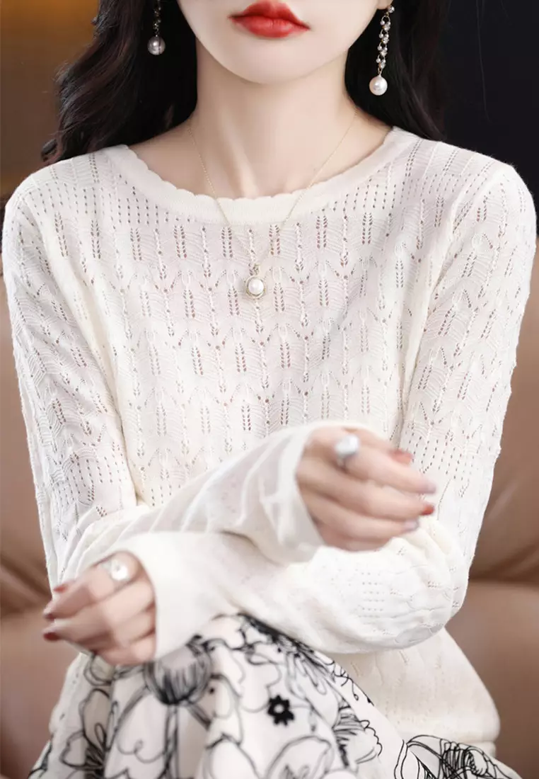 Buy HAPPY FRIDAYS Artificial Wool Hollow Out Pattern Long Sleeves ...