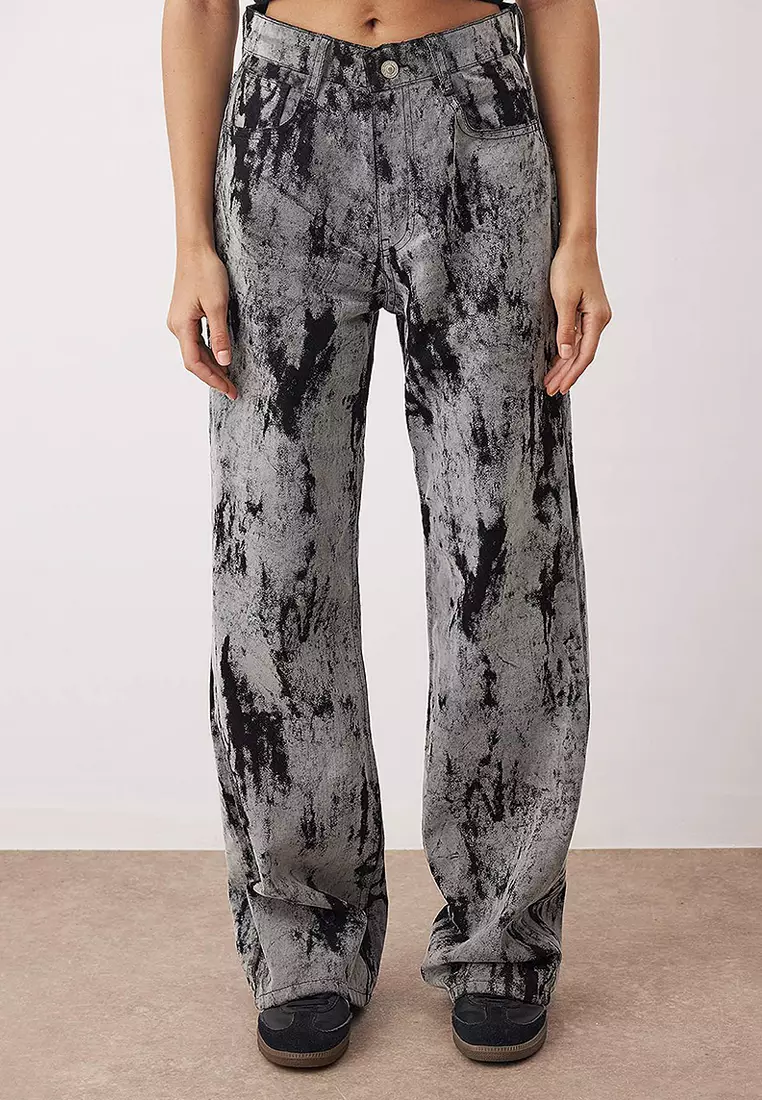 Buy Trendyol Suede Look Flock Printed High Waist Wide Leg Jeans 2026 ...