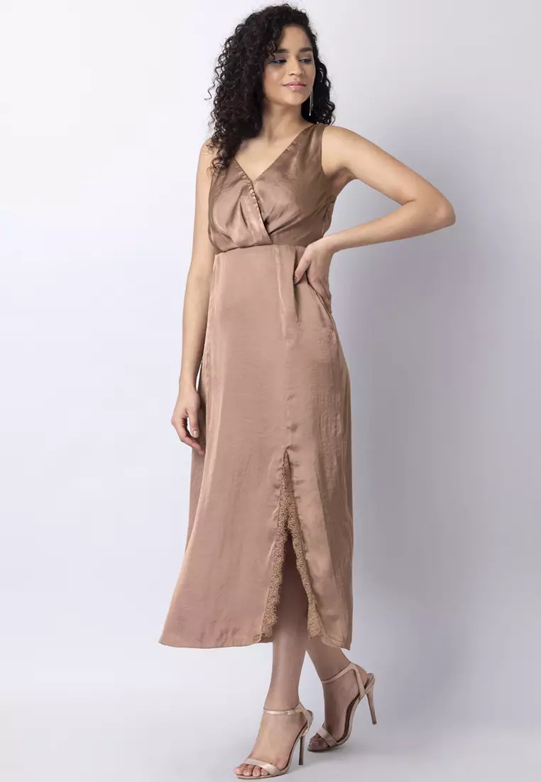 Buy FabAlley Light Brown Satin Overlap Asymmetric Midi Dress Online ...