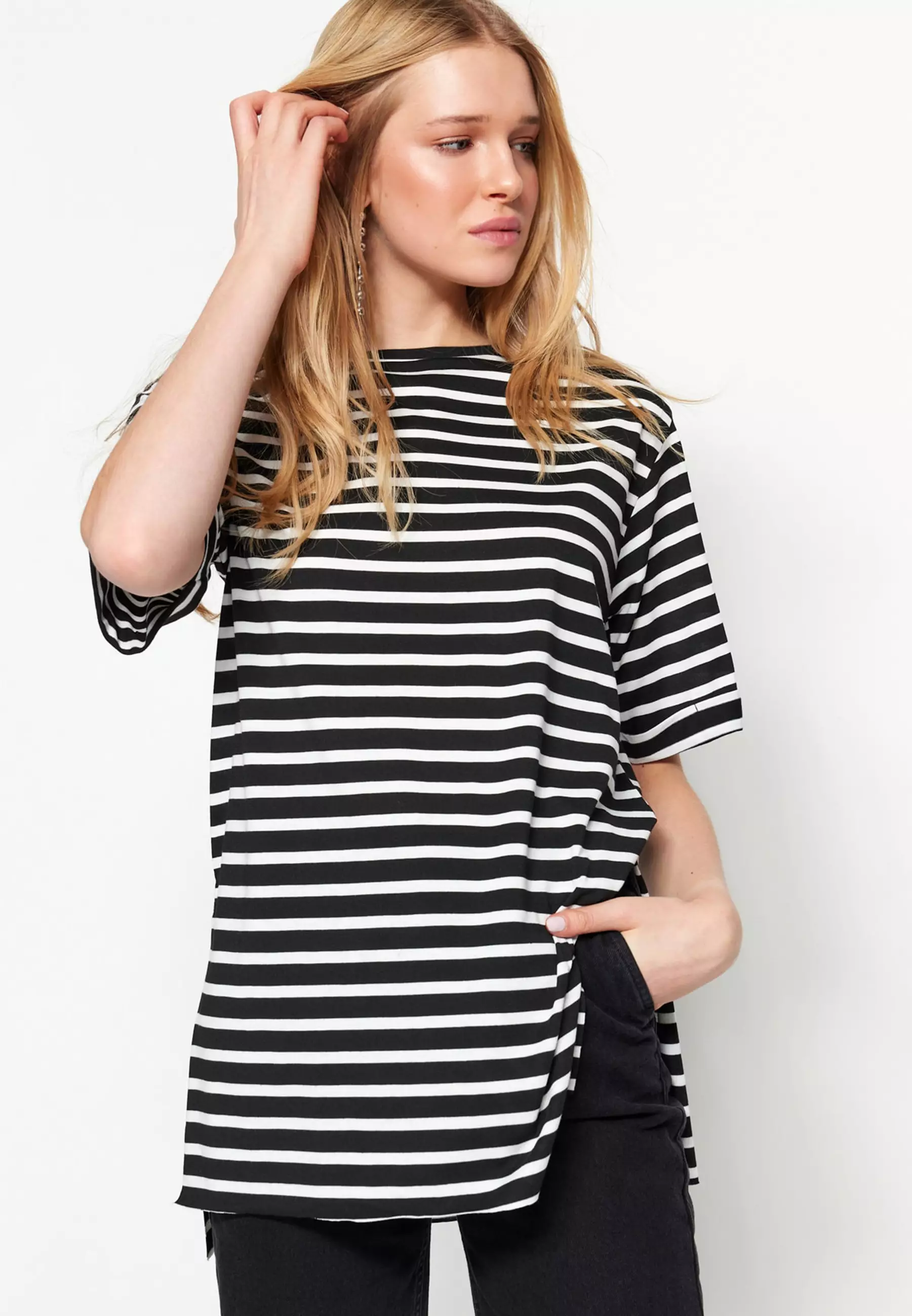 Trendyol Stripe Pattern T-Shirt with Slit Detail 2025 | Buy Trendyol ...