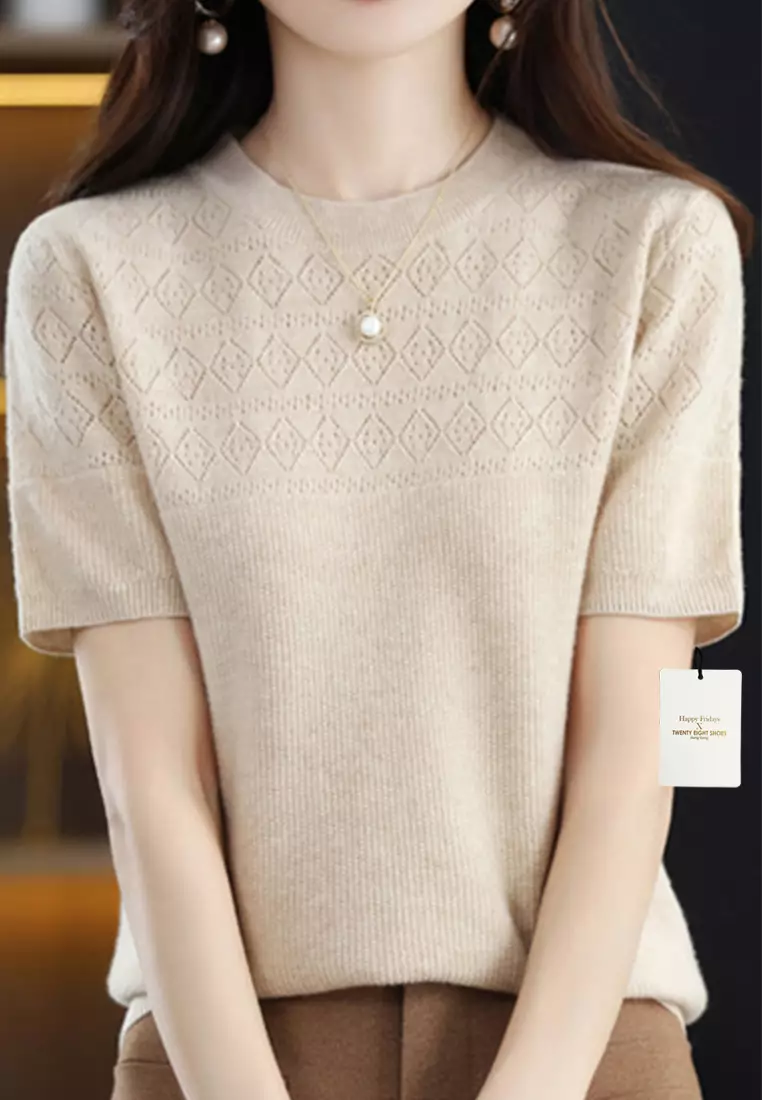 Buy HAPPY FRIDAYS Rhombus Hollow Out Pattern Short Sleeve Knit Top JW ...