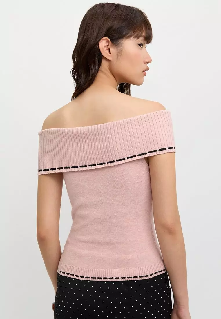 Buy Pomelo Tie-Front Off-Shoulder Ribbon Trim Knitted Top - Pink 2026 ...