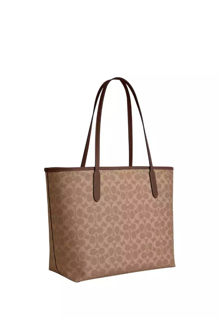 Jual COACH City Tote Bag In Signature Canvas Gold Tan Brown Original ...