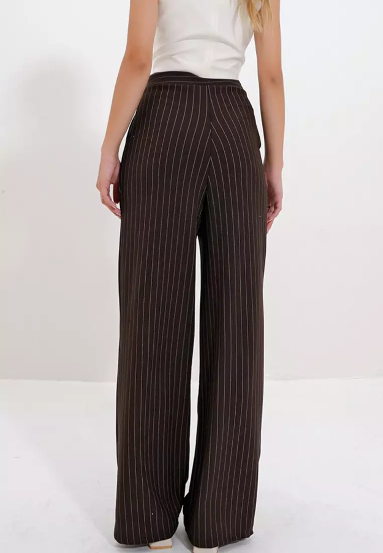 Buy Alacati Navy Blue Striped Palazzo Normal Waist Trousers Online ...