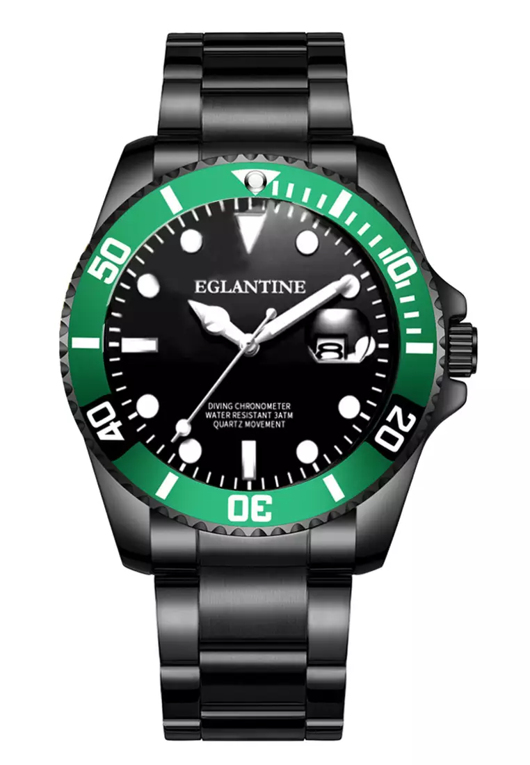 Buy EGLANTINE Diver's Watch, IP Black Metal Case and Bracelet, Black ...