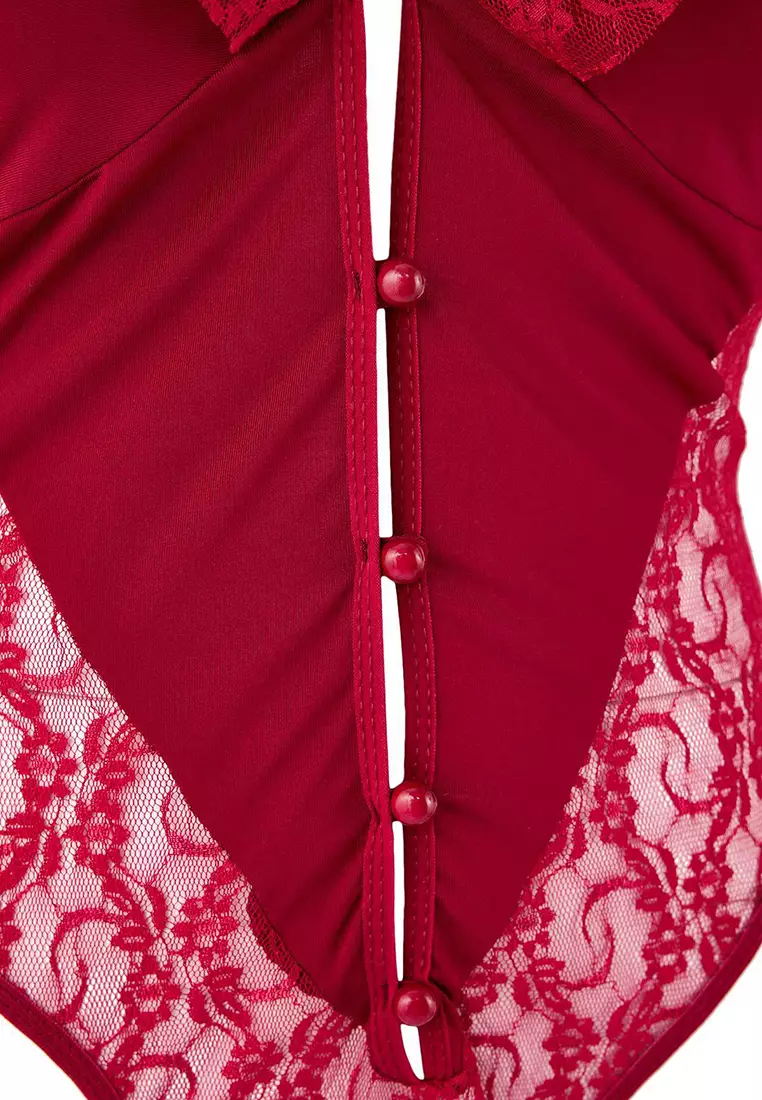 Buy Trendyol Burgundy Lace Detailed Ruffled Capless Fancy Plus Size ...
