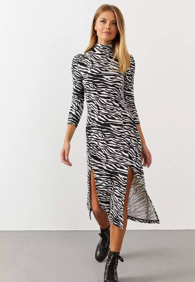 Buy Cool & Sexy Black-White Double Slit Zebra Pattern Dress 2024 Online ...