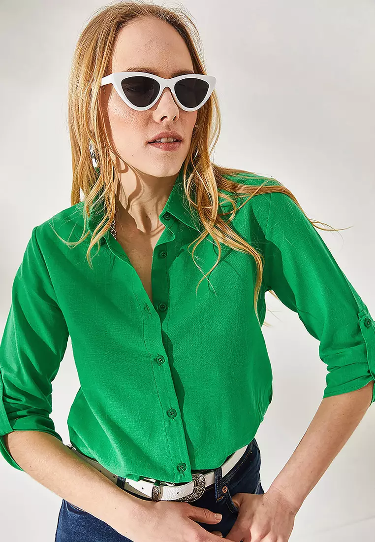 Buy Olalook Grass Green Fold Sleeve Linen Shirt Online | ZALORA Malaysia