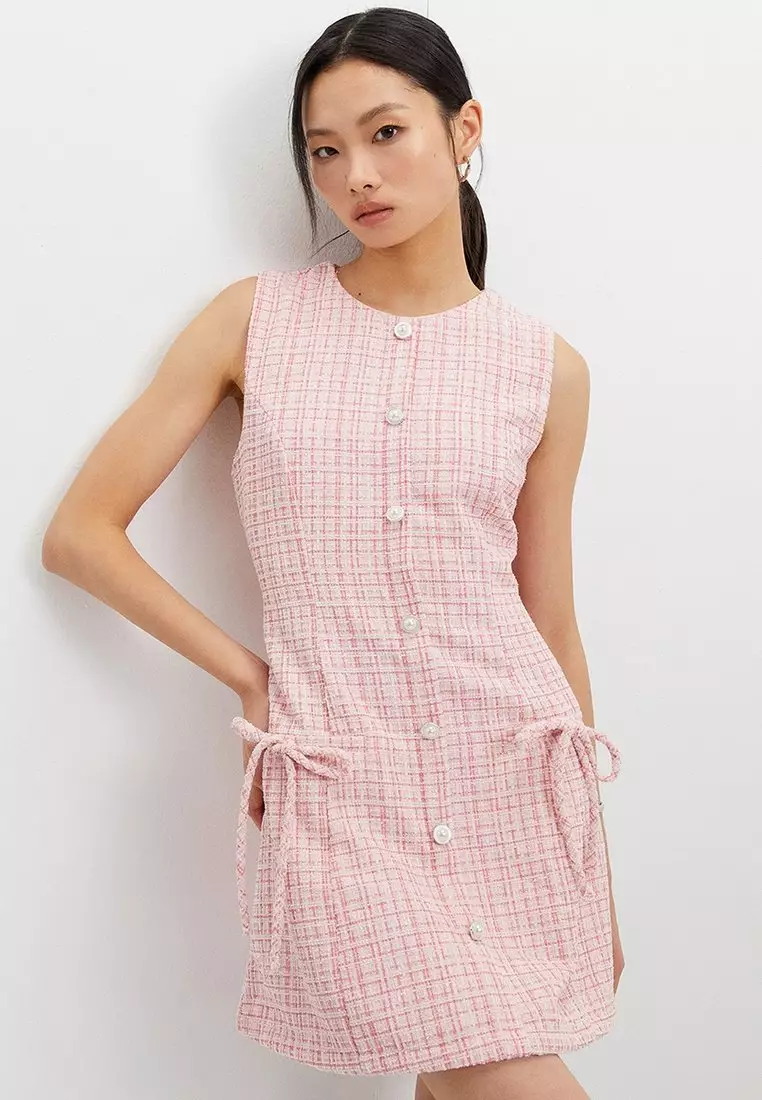 Buy Pomelo Tweed Pearl Button Bow Dress - Pink 2025 Online | ZALORA