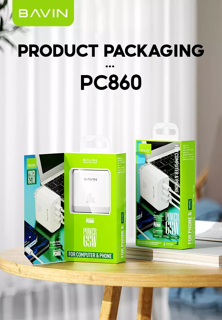 Buy BAVIN PC860 65W GaN Fast Charger Adapter 2 PD USB-C Ports + 1 USB QC3.0 Port For iPh 15 ...