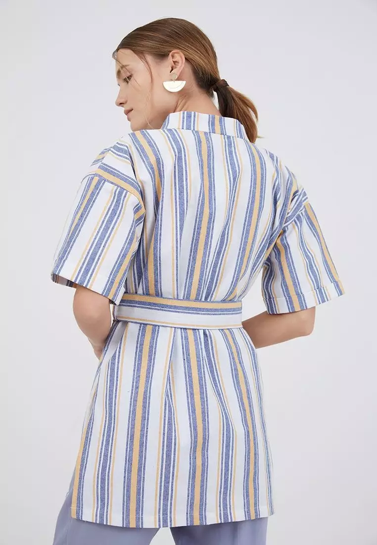 Jual Berrybenka Label Garcyana Tied Linen Stripes Top Multi Color ...
