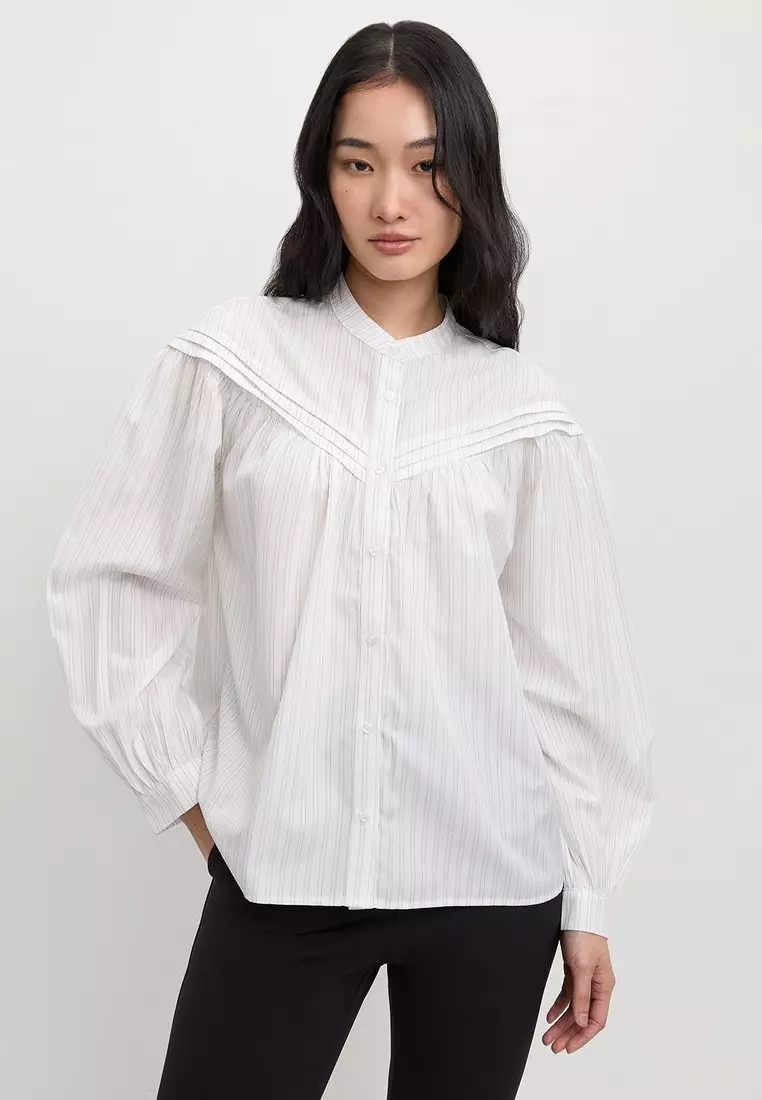 Buy Pomelo Long Sleeve Striped Band Collar Blouse with Yoke Detail ...
