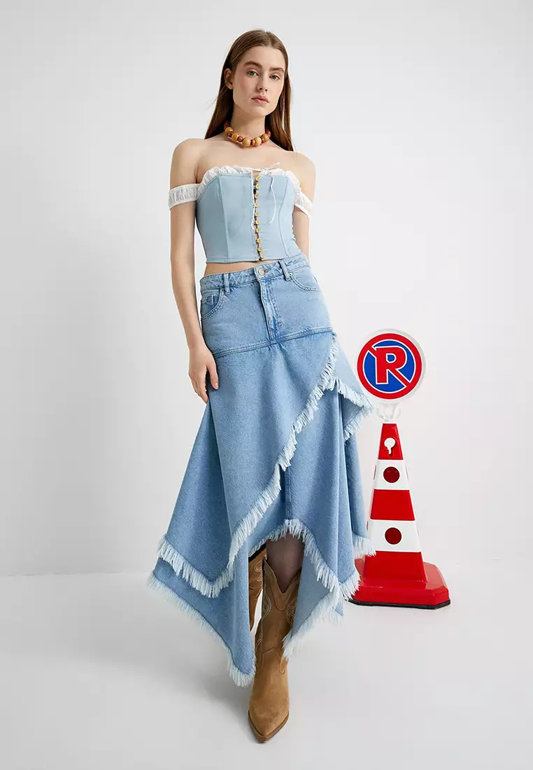 Buy KOTON Asymmetric Midi Denim Skirt Layered Tassels Standard Waist ...