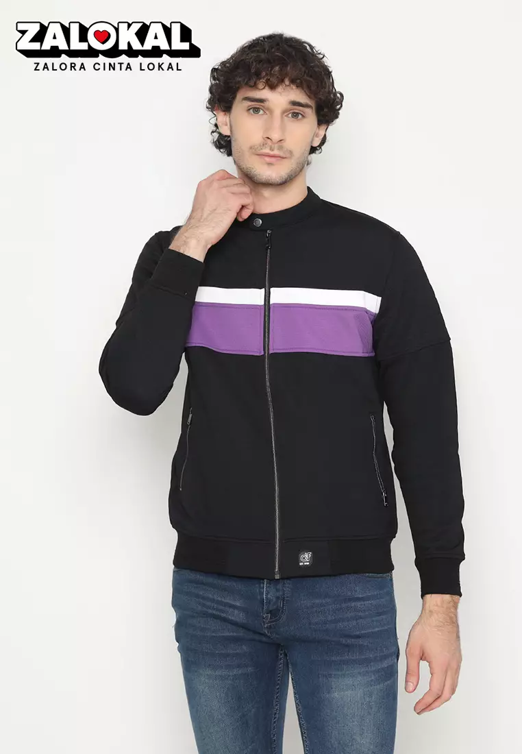 Jual D&F Jacket Cvc Biker Pria - Hitam Cut N Sewn Putih Purple Original ...