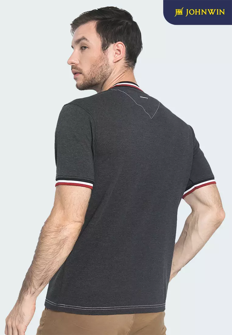 Jual Johnwin Johnwin - Kaos Casual - Kaos Lengan Pendek - Kerah Shanghai - Hitam - Free Keychain ...