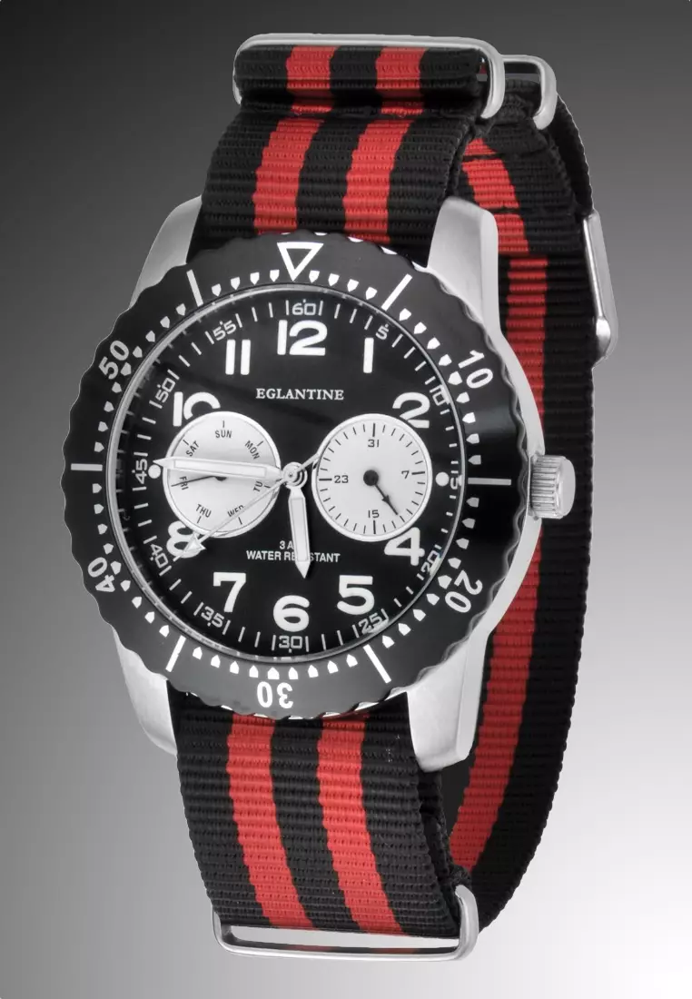 EGLANTINE Terrenz Unisex Steel Quartz Watch Black Dial on Black/Red ...