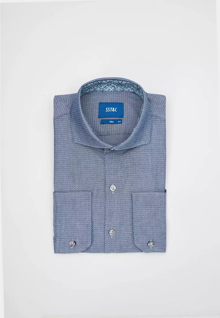 Buy SST&C Dark Blue Textured Slim Shirt Online | ZALORA Malaysia