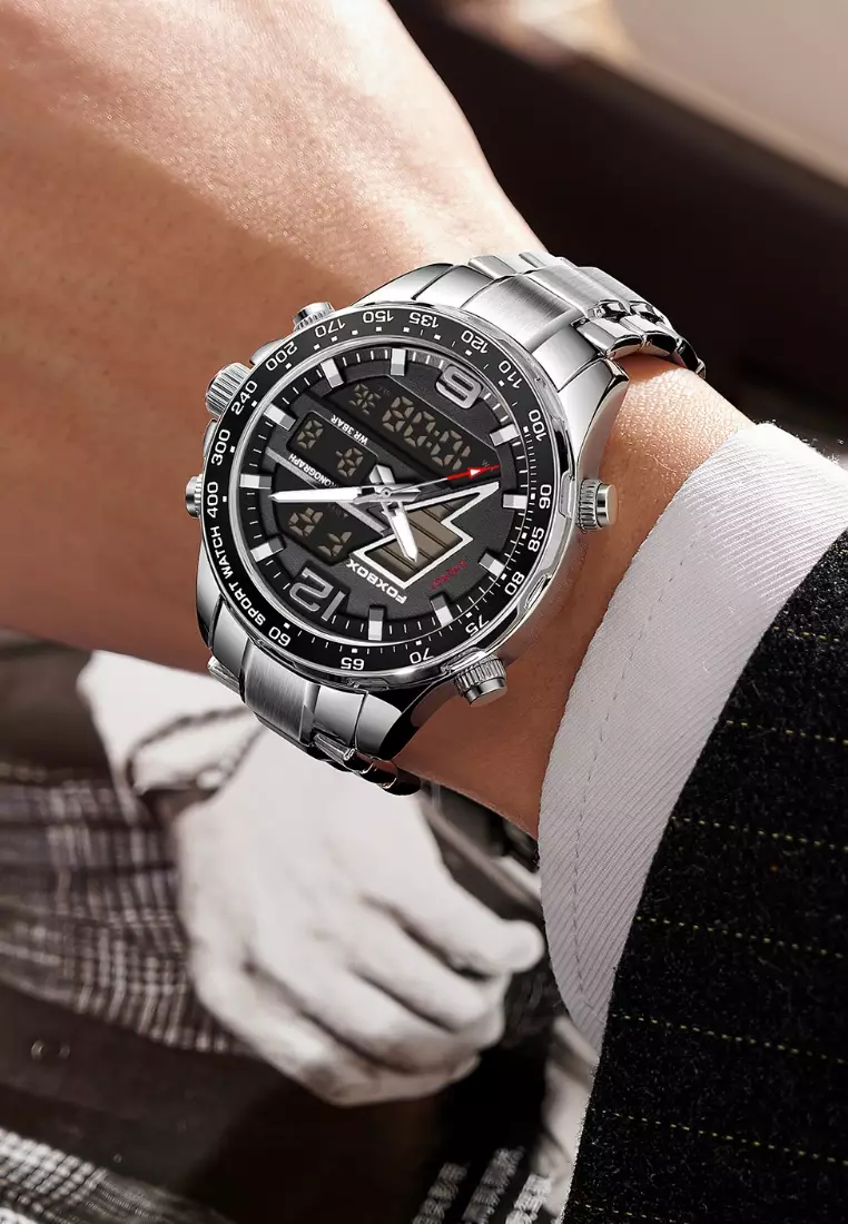 網上選購 LIGE FOXBOX 中性 不鏽鋼潛水員模擬/數位石英錶，黑色錶盤，不鏽鋼錶帶，30 公尺防水 2025 系列 | ZALORA香港